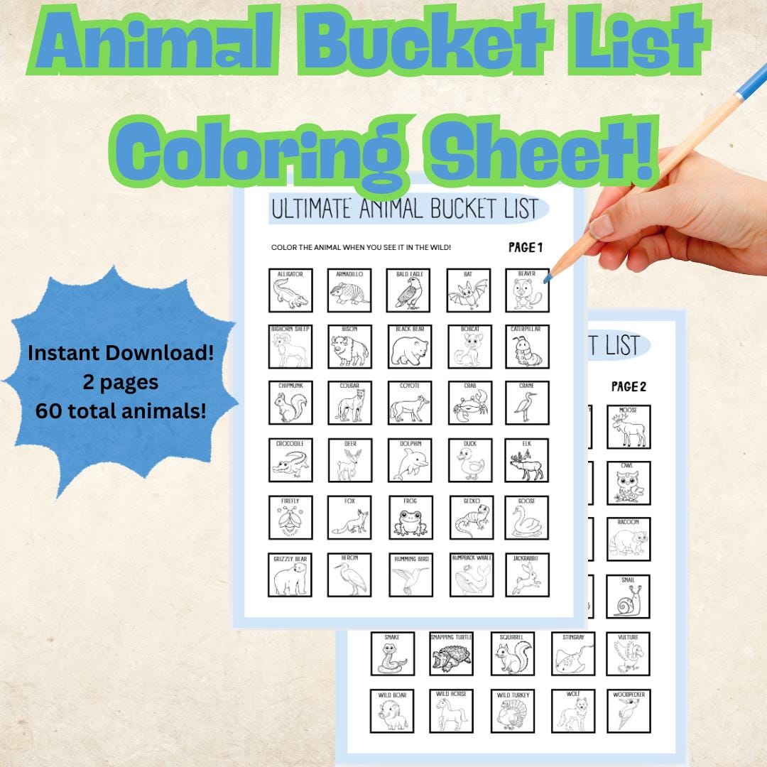 Animal Bucket List Coloring Pages - Etsy