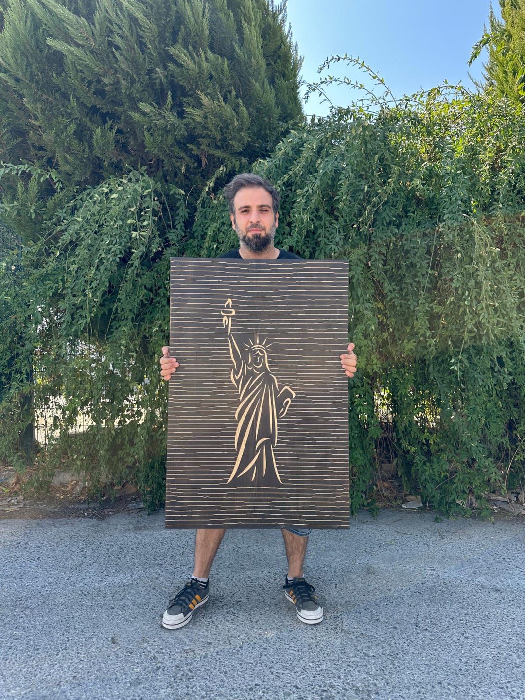 Wooden Statue of Liberty Decor – 3D Line Art Engraving - Wood Wall ...