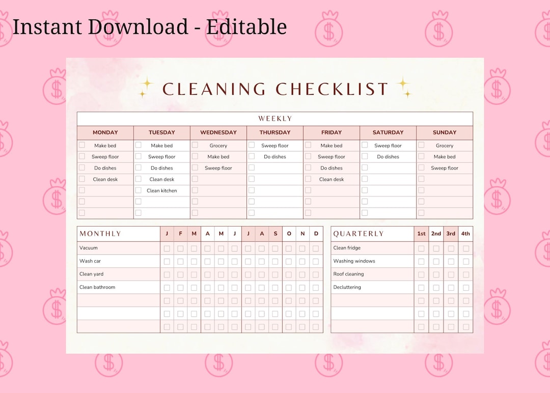 Pink Cleaning Checklist, Printable and Editable, Digitial Download ...