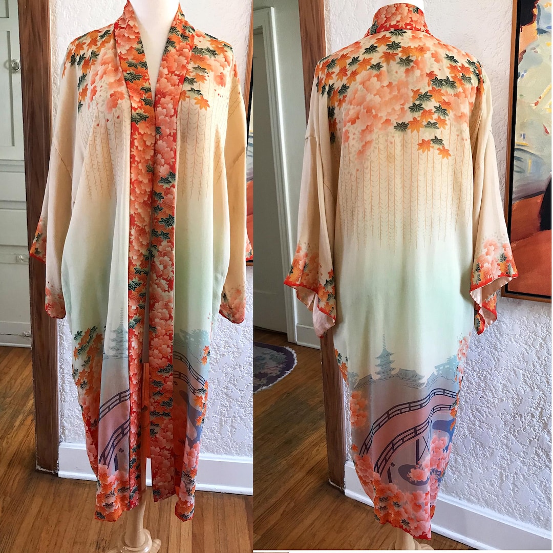 Elegant 1920's Silk Crepe Asian Robe With Heavenly Ombre' Silk Satin ...