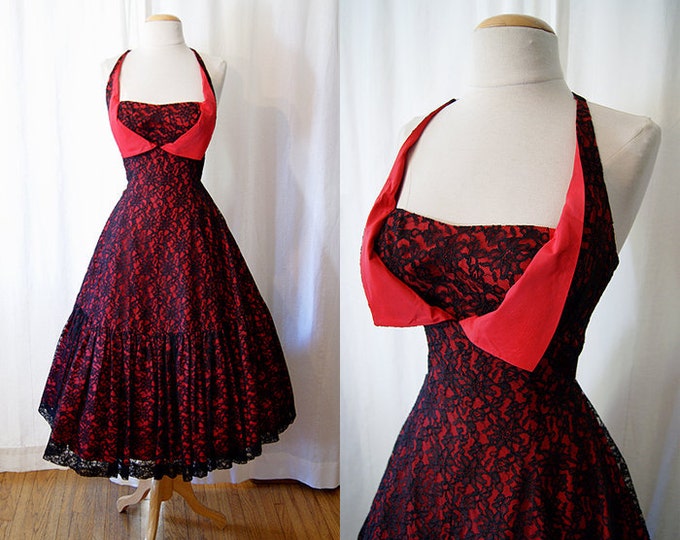 Sassy 1950's Ella Droll Designer Cha Cha Black Lace Over Red Satin ...