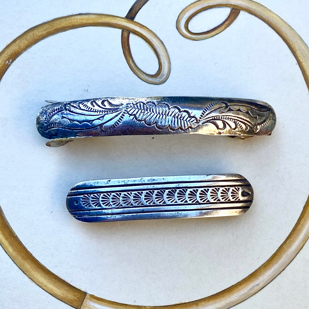 Vintage Etched Sterling Silver Hair Barrettes Hair Clips 2 - Etsy