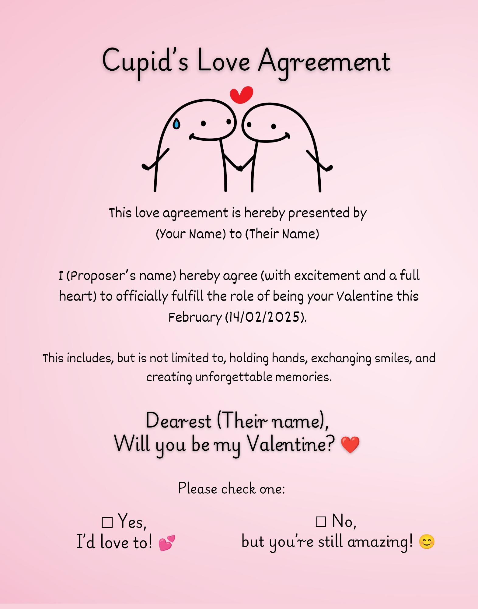 Valentines Day Proposal Printable Funny & Cute Cupids Love Agreement - Etsy