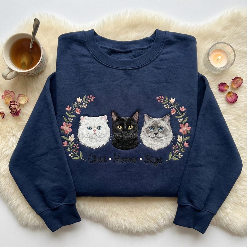 Custom Cat Portrait Embroidered Sweatshirt, Three Cats Owner Gift ...