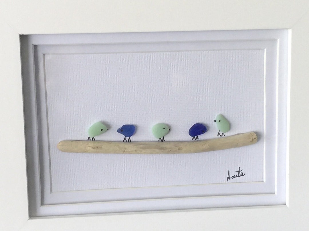 5 Small Birds Art Sea Glass Framed, Unique Handmade Beach Glass Art - Etsy