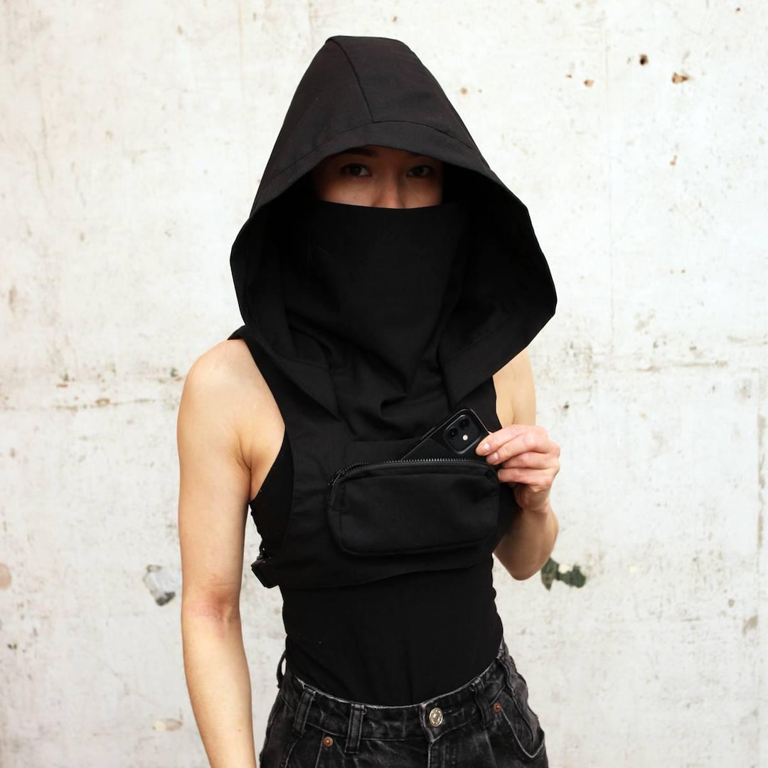 Black Hooded Utility Top Cropped Vest Cyber Punk Mask Hood Festival ...