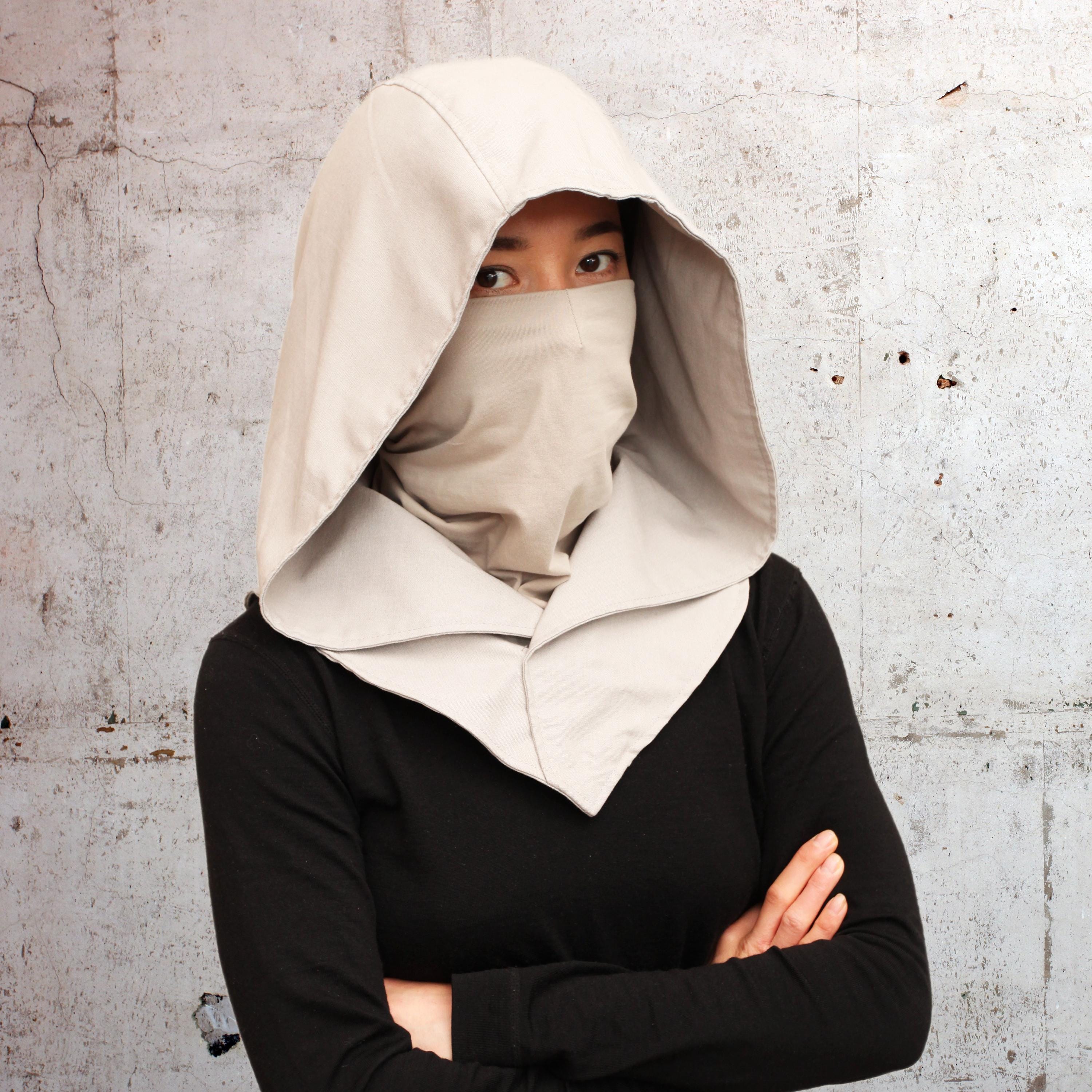 Black Linen Assassin Ninja Mask Hood Brown Leather Medieval Gloves Cowl ...