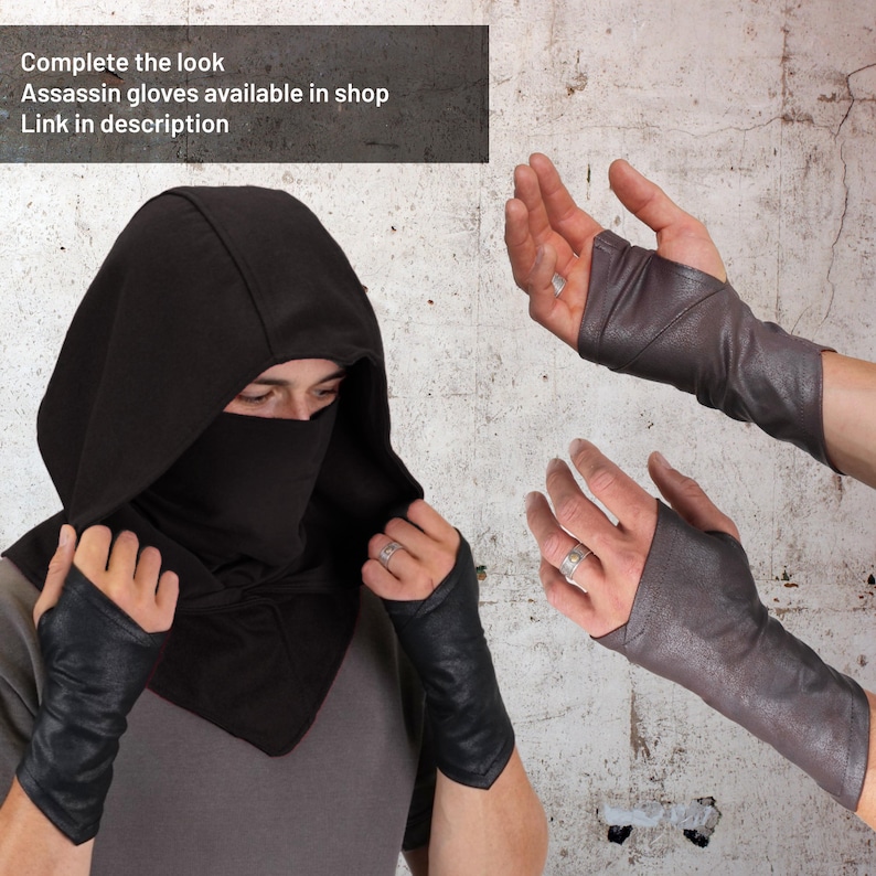 Black Linen Assassin Ninja Mask Hood Brown Leather Medieval Gloves Cowl ...