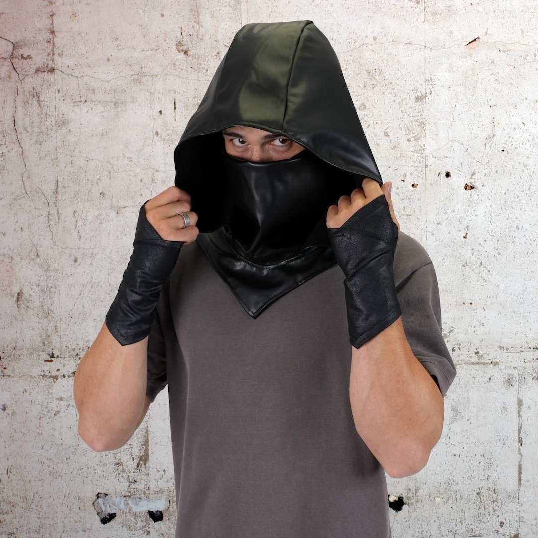 Devil Hood Black Mask Cowl Faux Leather Hoodie Hand Ninja Assassin King ...