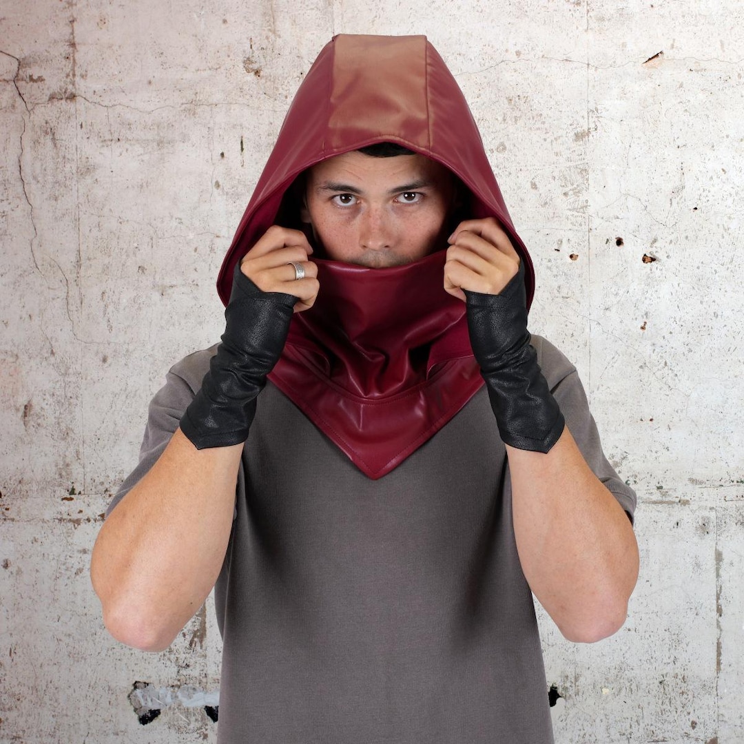 Devil Hood Red Mask Cowl Faux Leather Hoodie Hand Ninja Assassin King Dare Costume Cosplay Gift ...