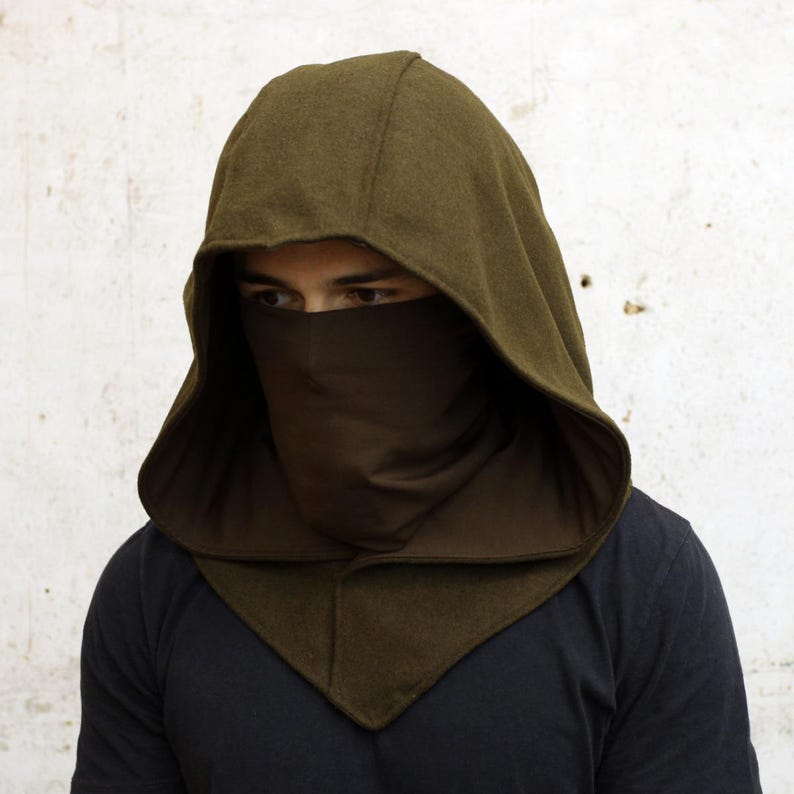 Green Archer Assassin Hood & Detachable Mask - Medieval Larp Rogue ...