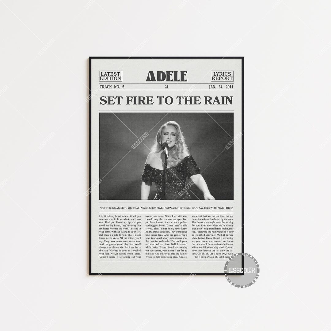 Adele Retro Newspaper Print, Set Fire to the Rain Poster, Set Fire to the Rain Lyrics Print ...