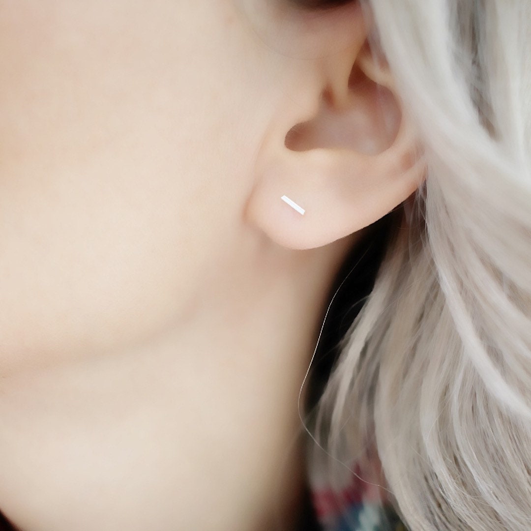 Dainty bar stud earrings minimal small bars tiny line studs | Etsy