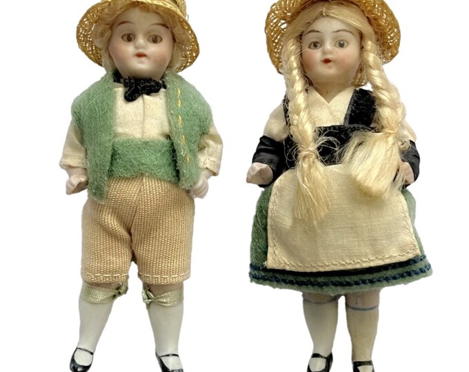 Antique Mignonette Doll Set, Jointed Bisque Body & Glass Eyes, 3.5 Inch ...