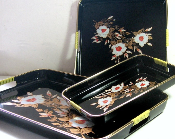 Laquered Black Asian Tray Set, Vintage Japanese Floral Tray Set, Three ...