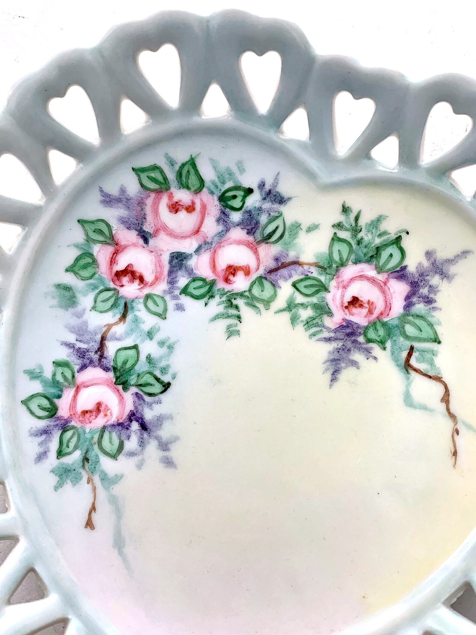 Hand Painted Rose Heart Dish, Pierced Rose Heart Shaped Dish, Signed ...