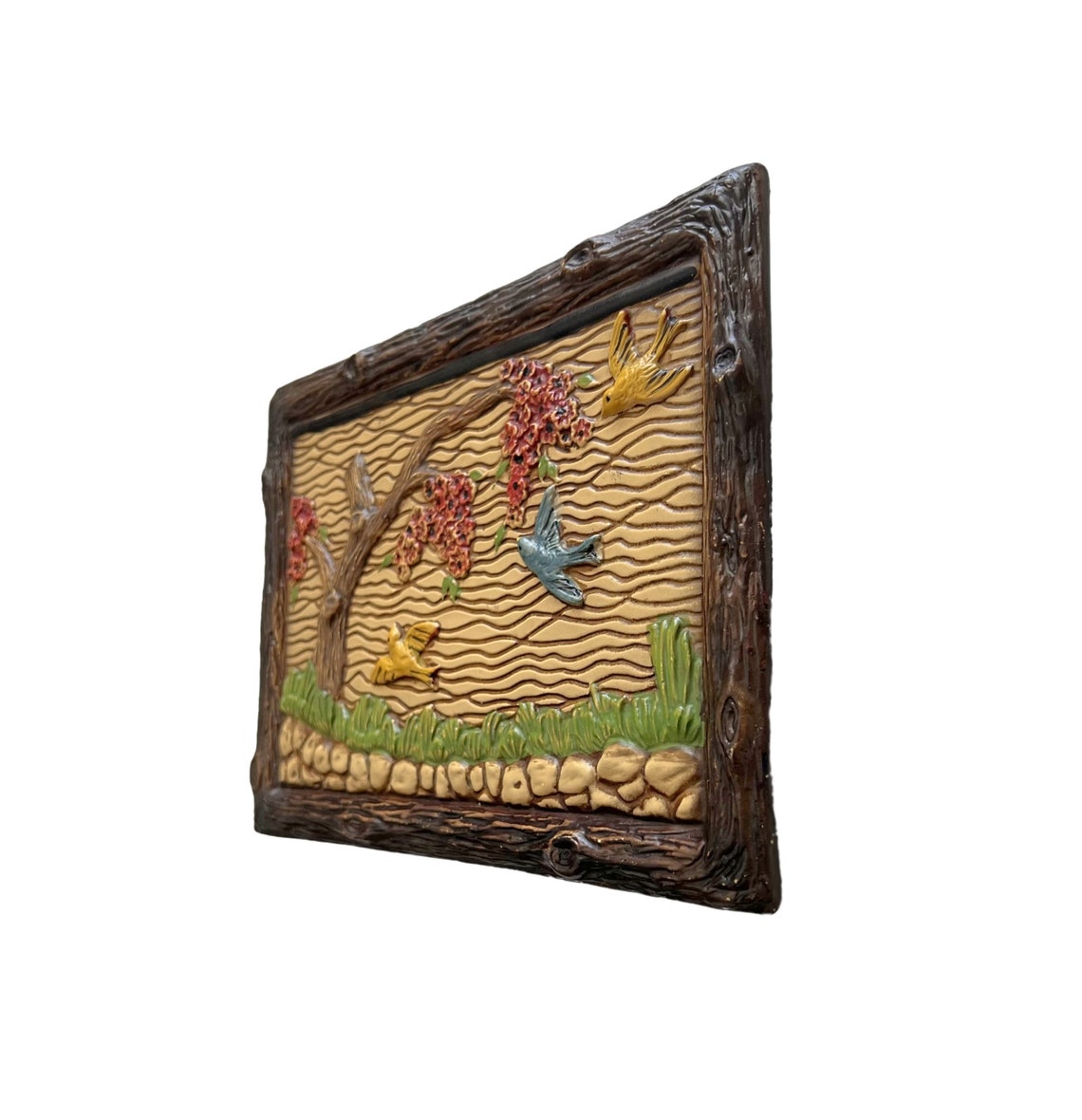 3D Chalkware Nature Plaque, English Nature Scene, Birds and Trees Wall ...