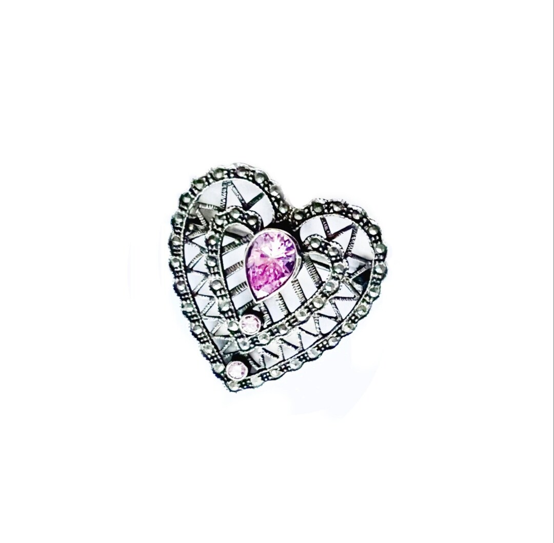 Scalloped Silver Pink Topaz and Marcasite Heart Brooch, NAS 925 Silver ...