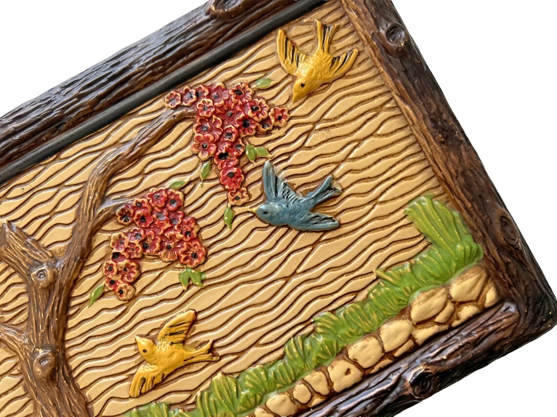 3D Chalkware Nature Plaque, English Nature Scene, Birds and Trees Wall ...