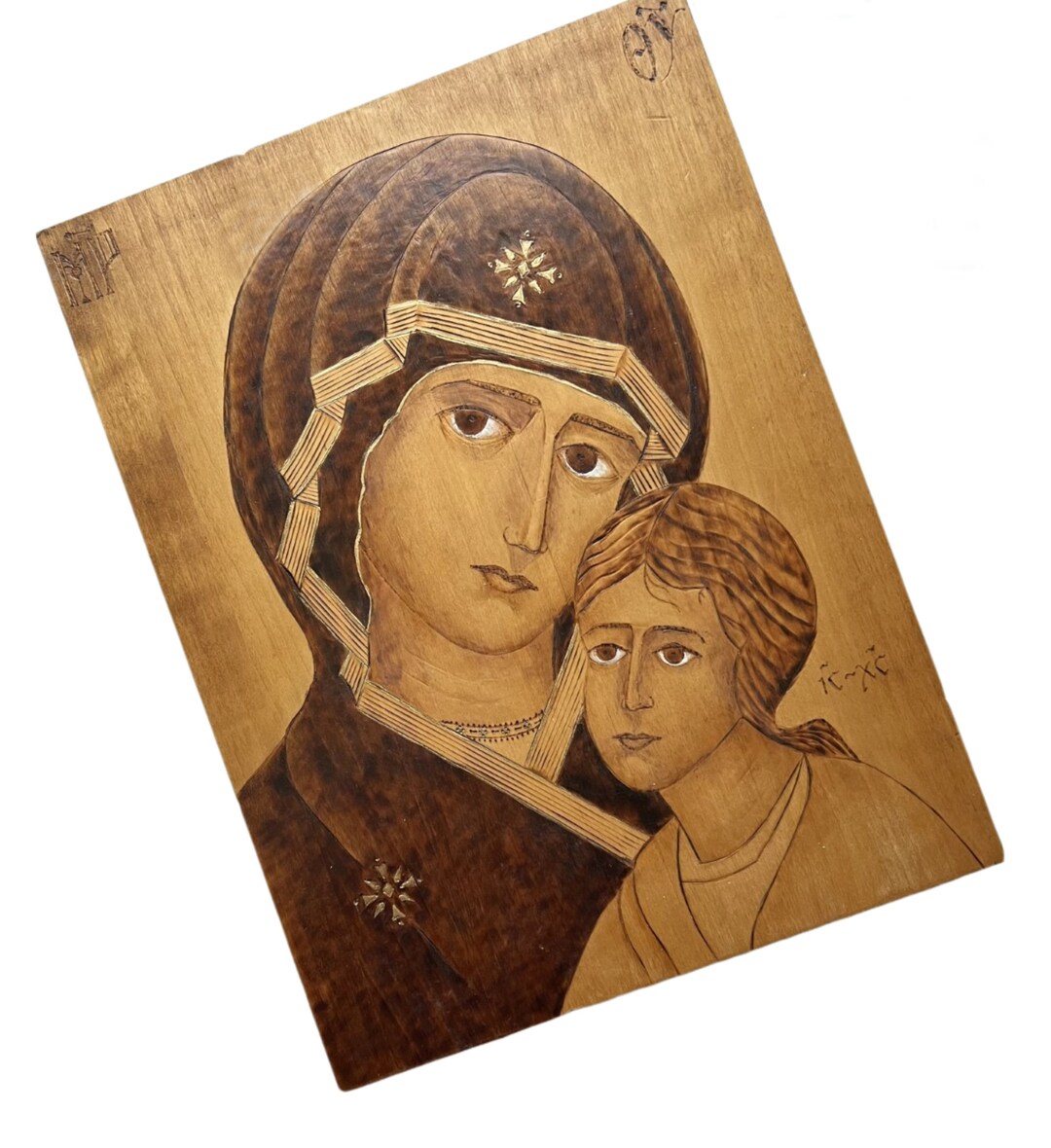 Religious Madonna and Child Wood Pyrography Icon, Nazareth Hermitage ...