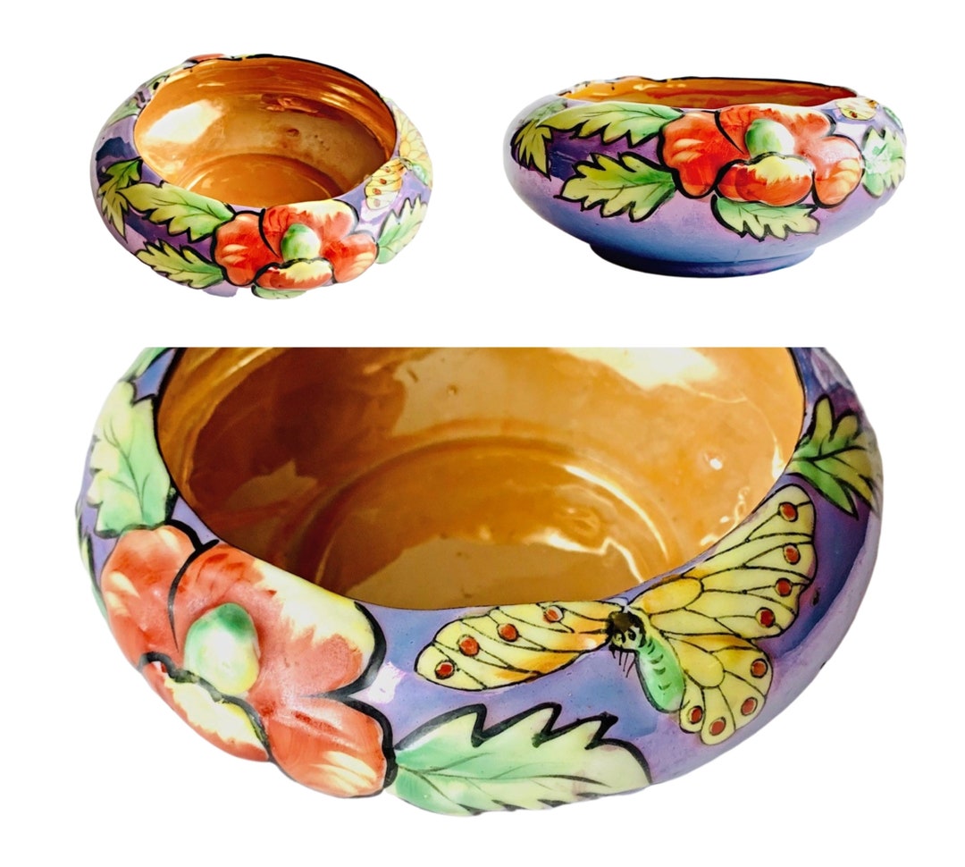 Japan Lusterware Bowl, Orange Blue Lusterware Floral Moth Butterfly ...