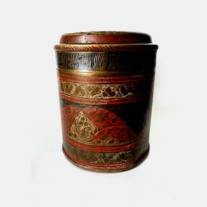 Engraved Enamel Brass Lidded Container, Vintage Indian Brass Storage ...