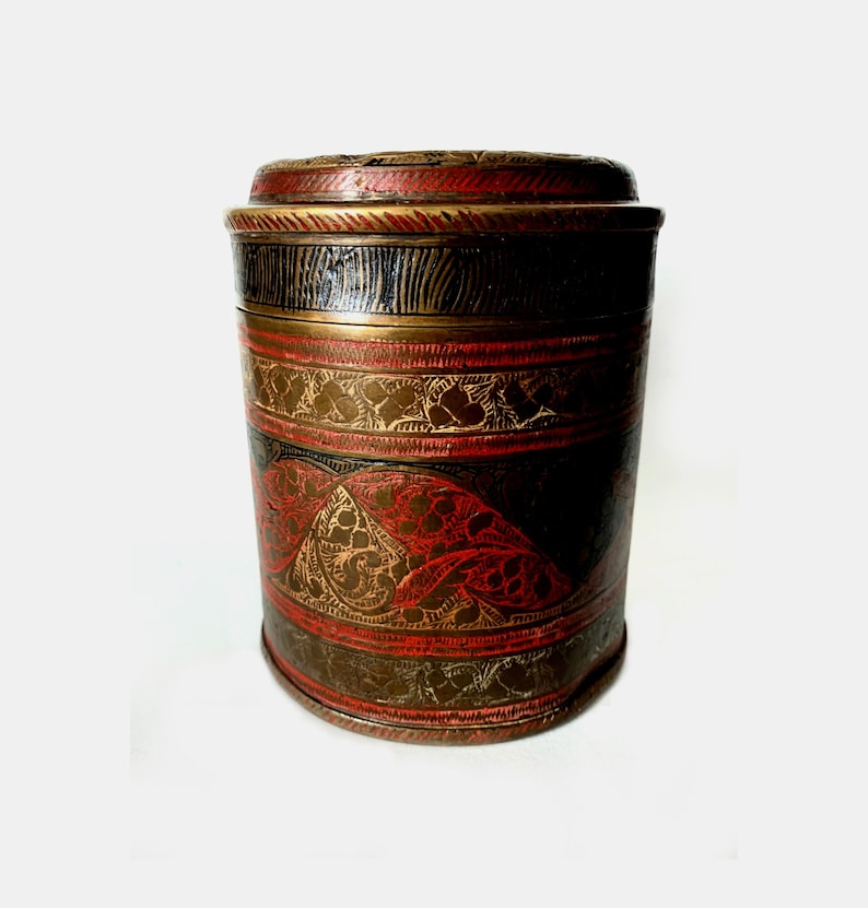 Engraved Enamel Brass Lidded Container Vintage Indian Brass - Etsy