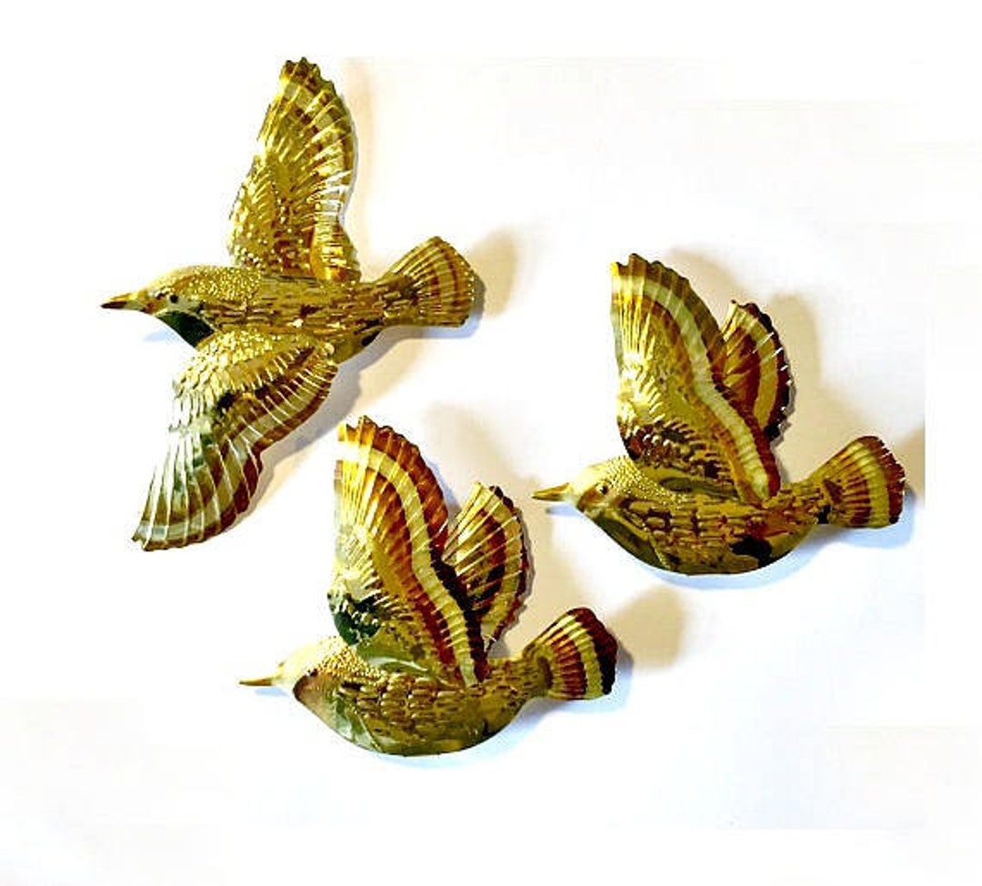 Flying Birds Vintage Wall Deco, Set of Three Flying Gold Metal Birds ...