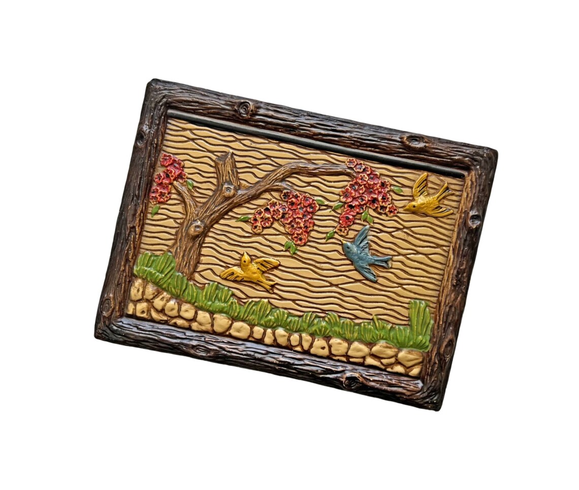 3D Chalkware Nature Plaque, English Nature Scene, Birds and Trees Wall ...