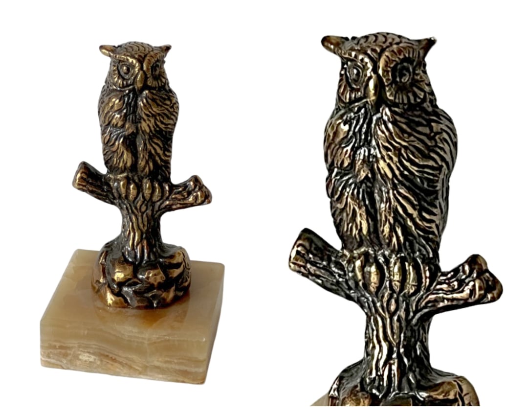 Owl Figure on Marble Base, Brass Owl Statue, Brass Owl on Marble Base ...
