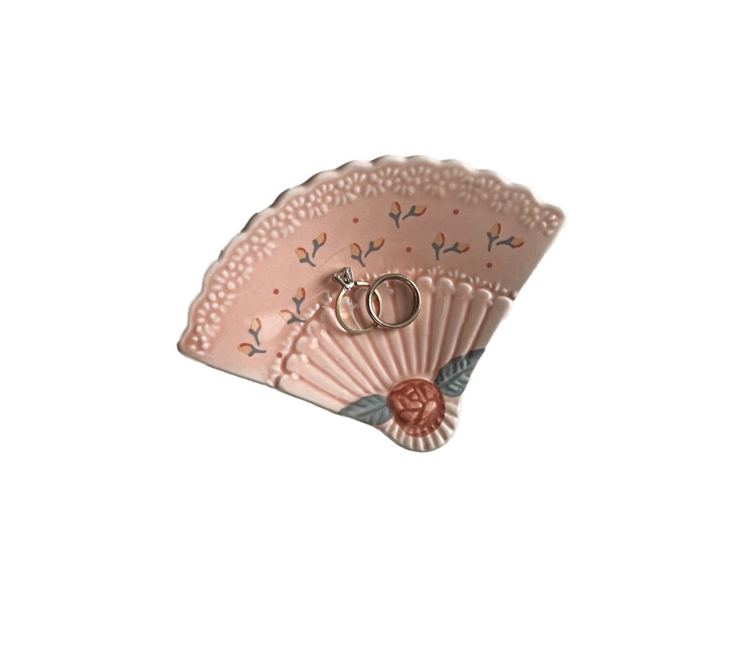 Peachy Pink Rosebud Fan Shaped Dish, Fan Shaped Ring Dish, Teabag Caddy ...