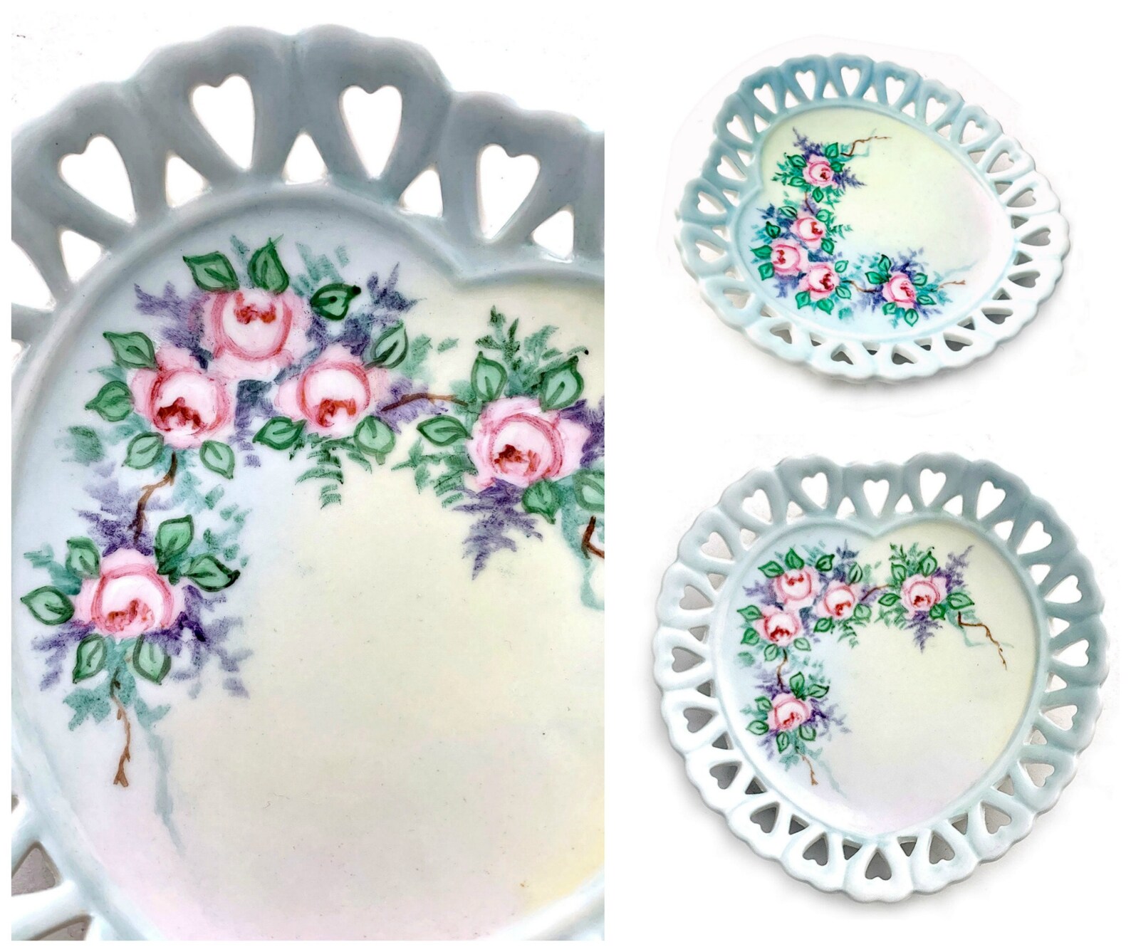 Heart Shaped Pierced Hand Painted Plate, Floral Trinket Dish With Heart ...