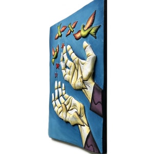 Kiln Fired Art Plaque, Vintage Hands Birds Stoneware Pottery Handmade ...