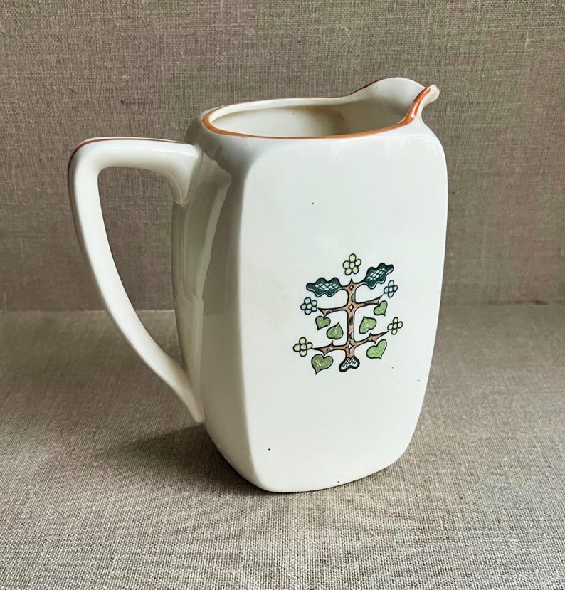 Folk Art Birds Tree Pitcher, Cottagecore Porcelain Vase, Vintage Made ...