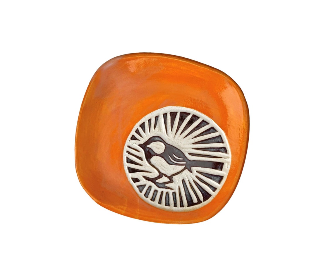 Orange Chickadee Art Pottery Plate, Sgraffito Chickadee Bird Handmade ...