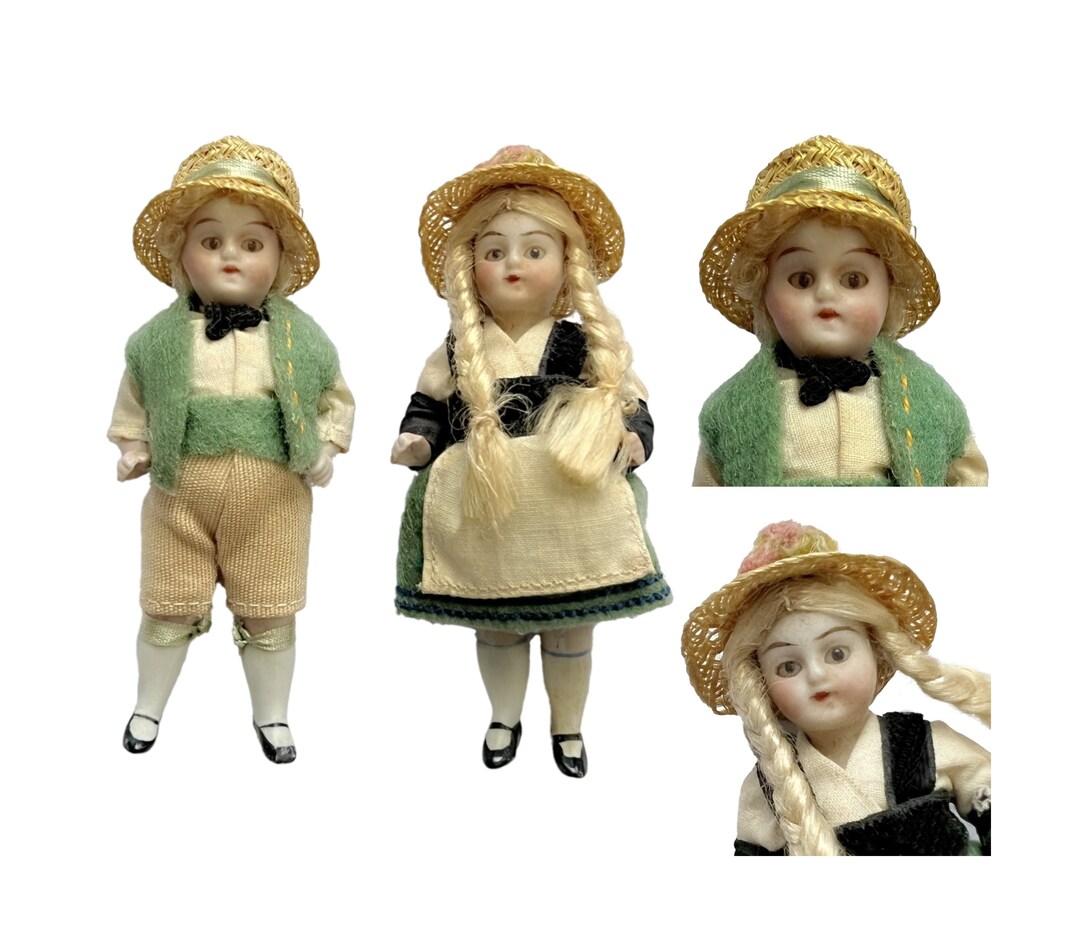 Antique Mignonette Doll Set, Jointed Bisque Body & Glass Eyes, 3.5 Inch ...