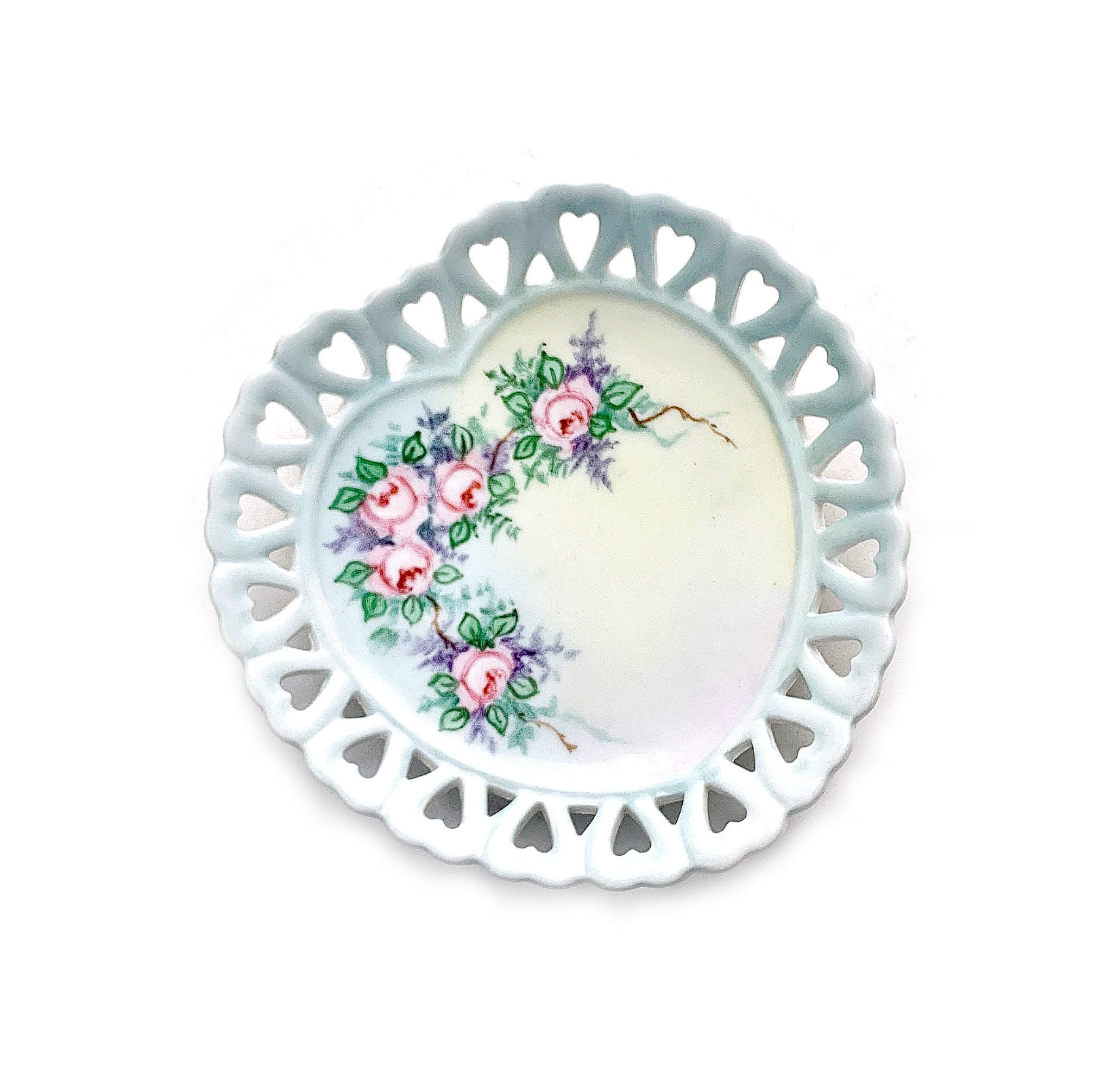 Hand Painted Rose Heart Dish, Pierced Rose Heart Shaped Dish, Signed ...