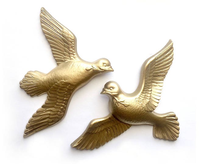 Golden Doves, Bird Wall Art, Vintage Burwood Bird Hangings, 2 Gold ...