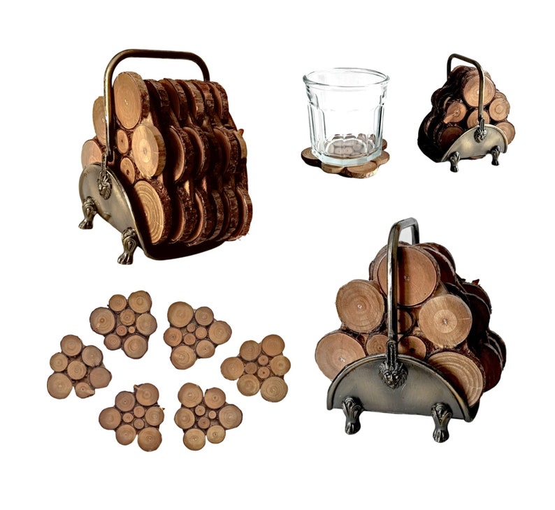 7 Pc Wooden Coaster Set Wooden Log Coasters With Pewter - Etsy