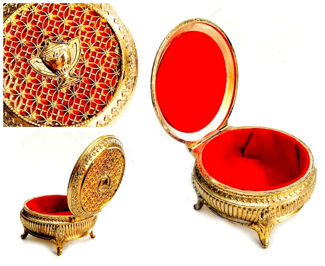 Ornate Gold Red Hinged Box, Ornate Gold Tone Box With Red Velvet Lining ...
