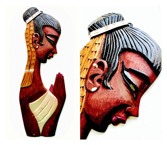 Wood Carved Woman Goddess Wall Art Carved Painted Vintage - Etsy