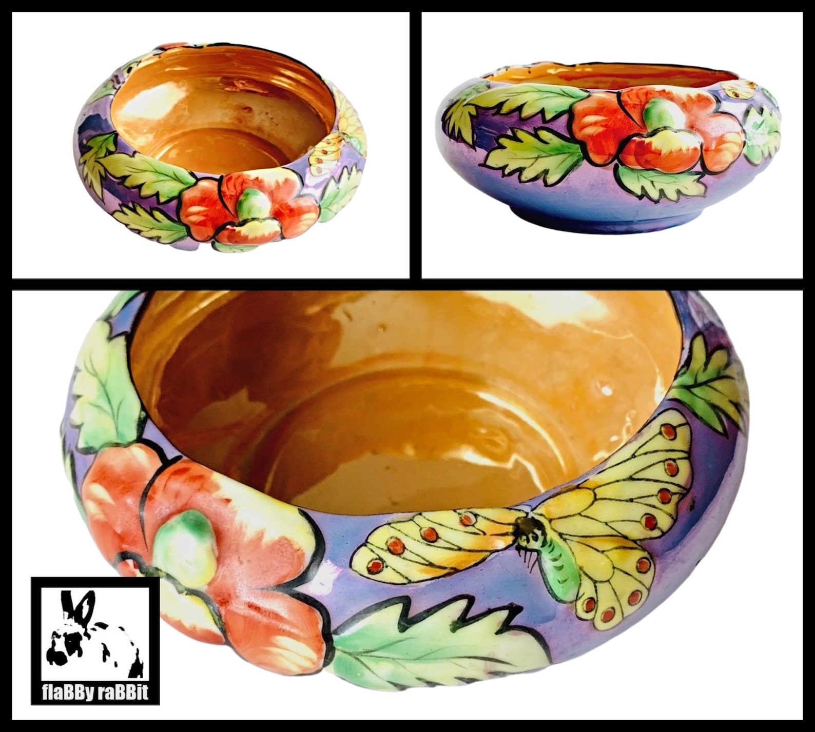 Japan Lusterware Bowl, Orange Blue Lusterware Floral Moth Butterfly ...