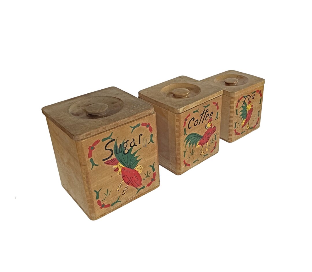 Wooden Rooster Canister Set, Vintage Wooden Stacking Canister Set, Set ...