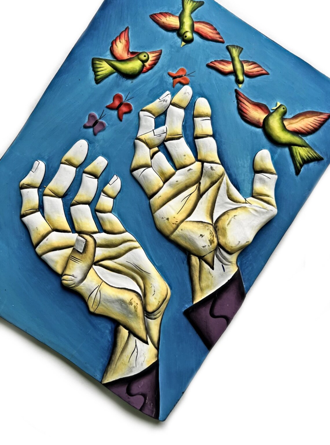 Kiln Fired Art Plaque Vintage Hands Birds Stoneware Pottery - Etsy