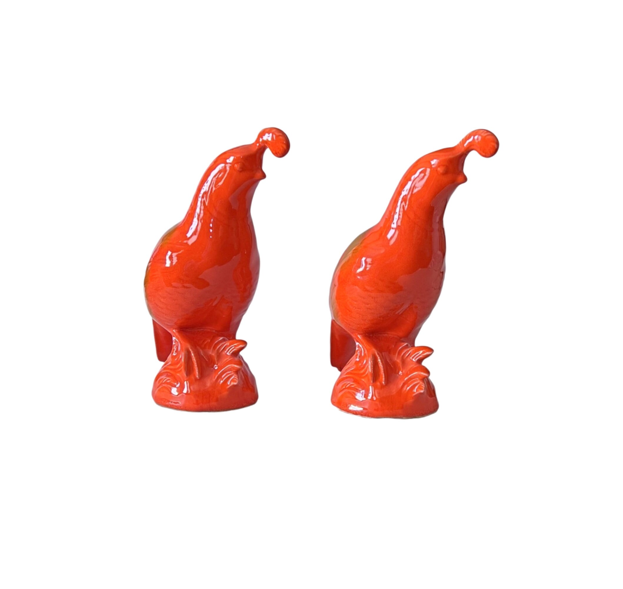 TWO Orange Glazed Mid Century Quails DeForest of California Glazed Art ...