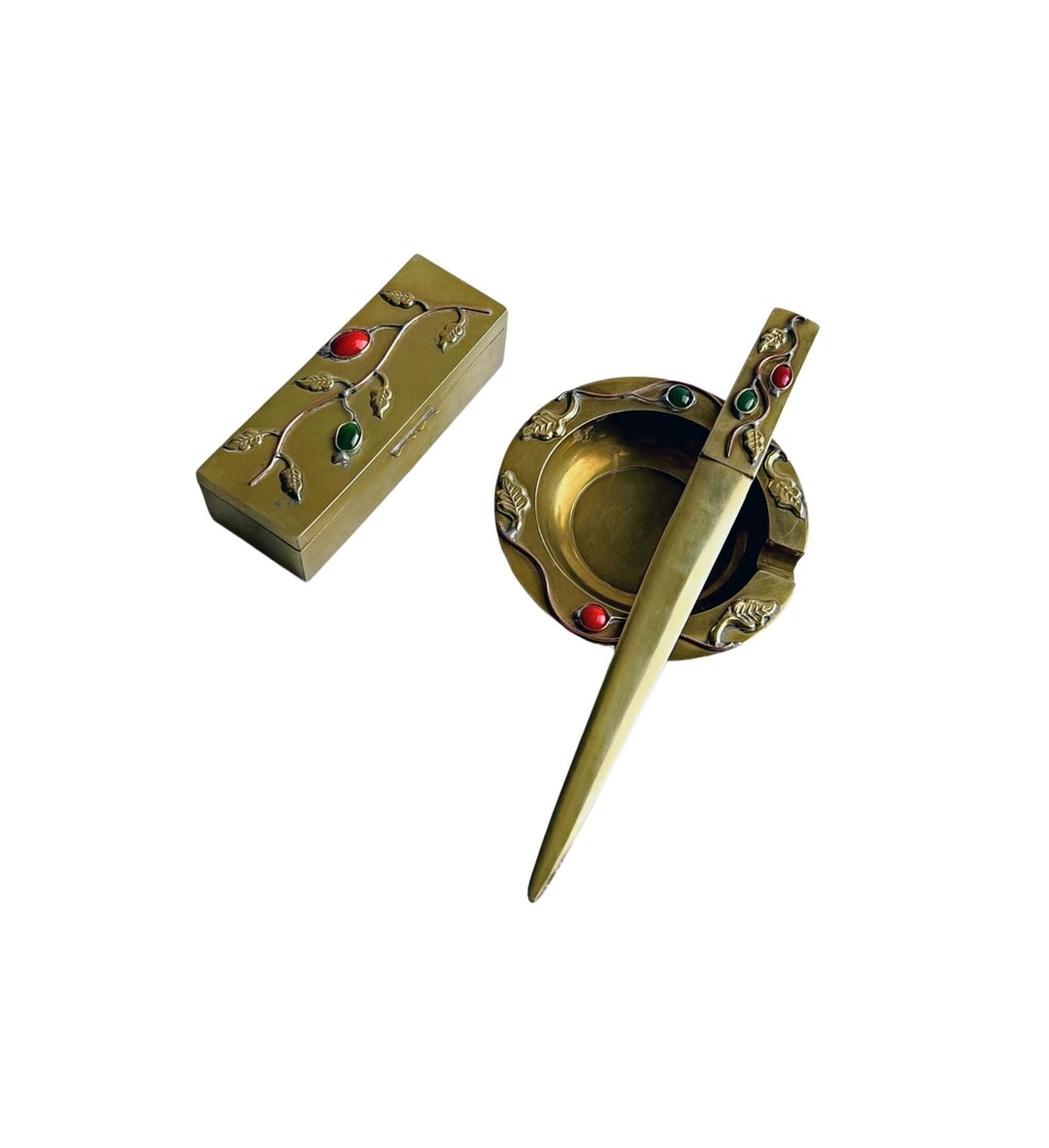 Ornate Brass Desk Set, 3 Piece Brass Desk Set, Brass Ashtray ...