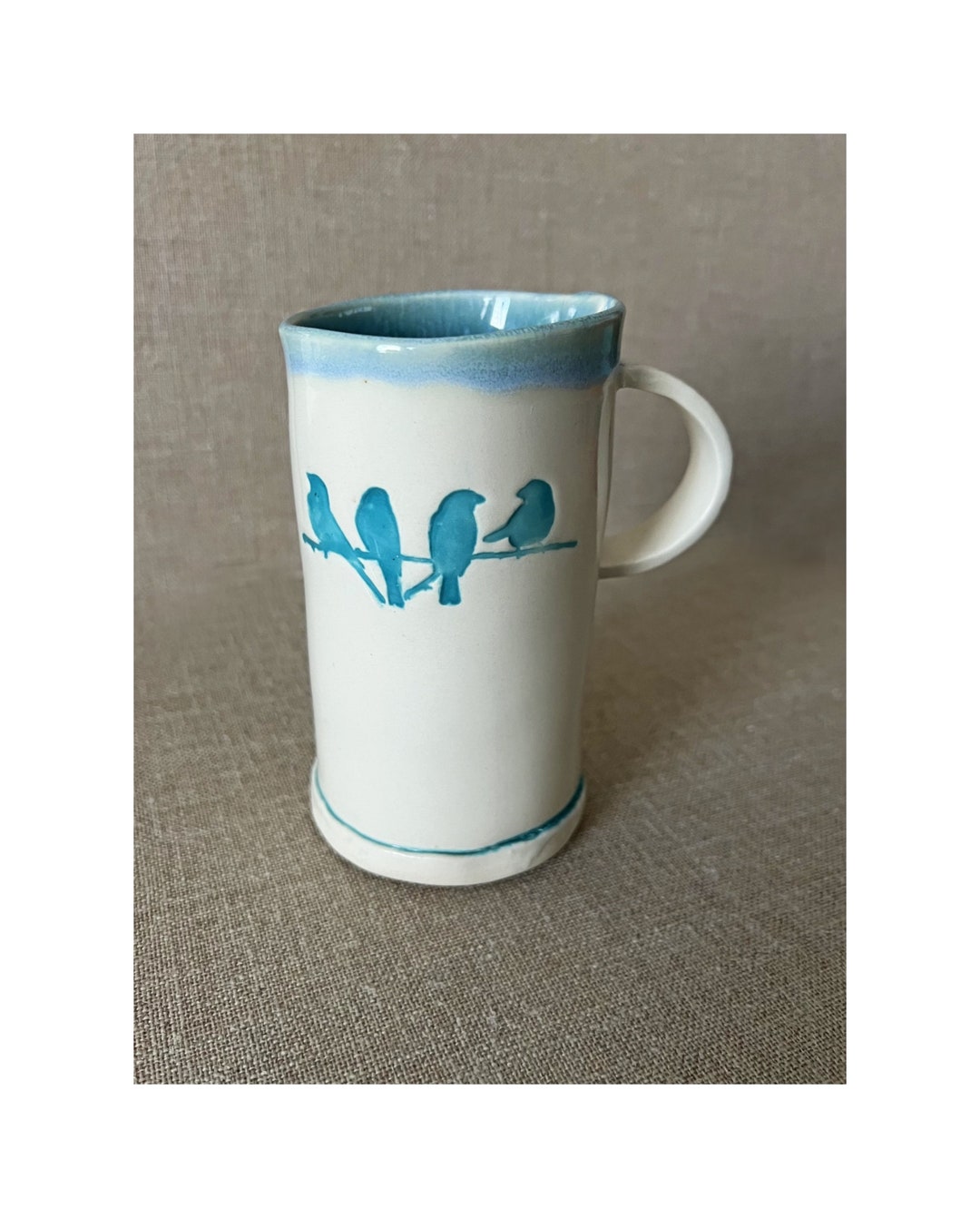 Signed Handmade Slab Pottery Bird Mug, Teal Blue Cream Colored Studio ...