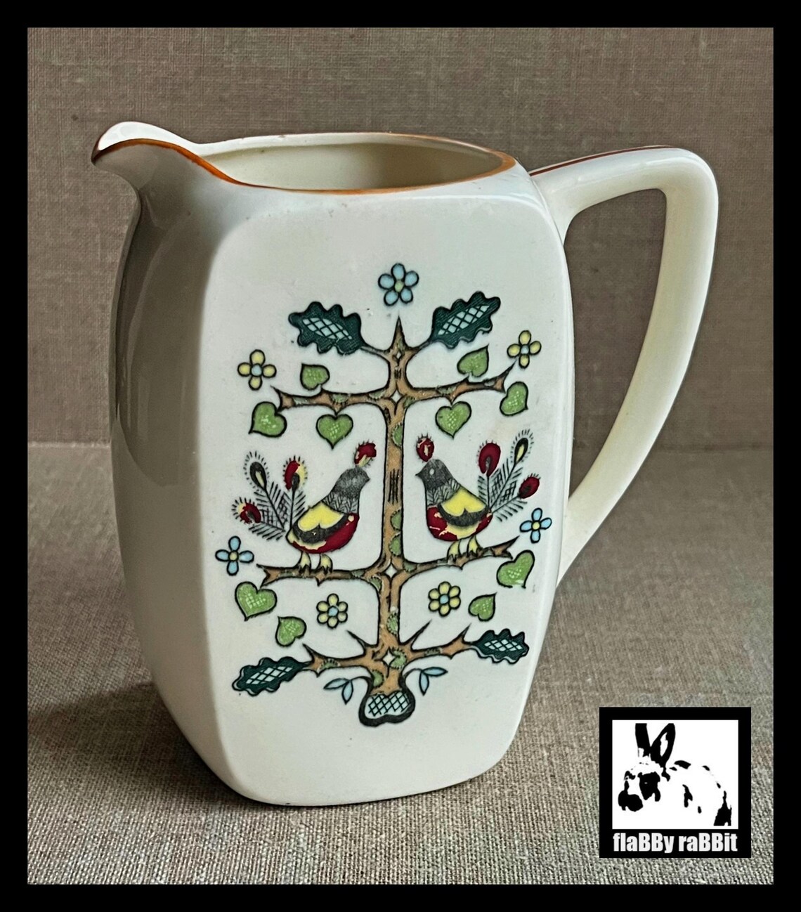 Folk Art Birds Tree Pitcher, Cottagecore Porcelain Vase, Vintage Made ...