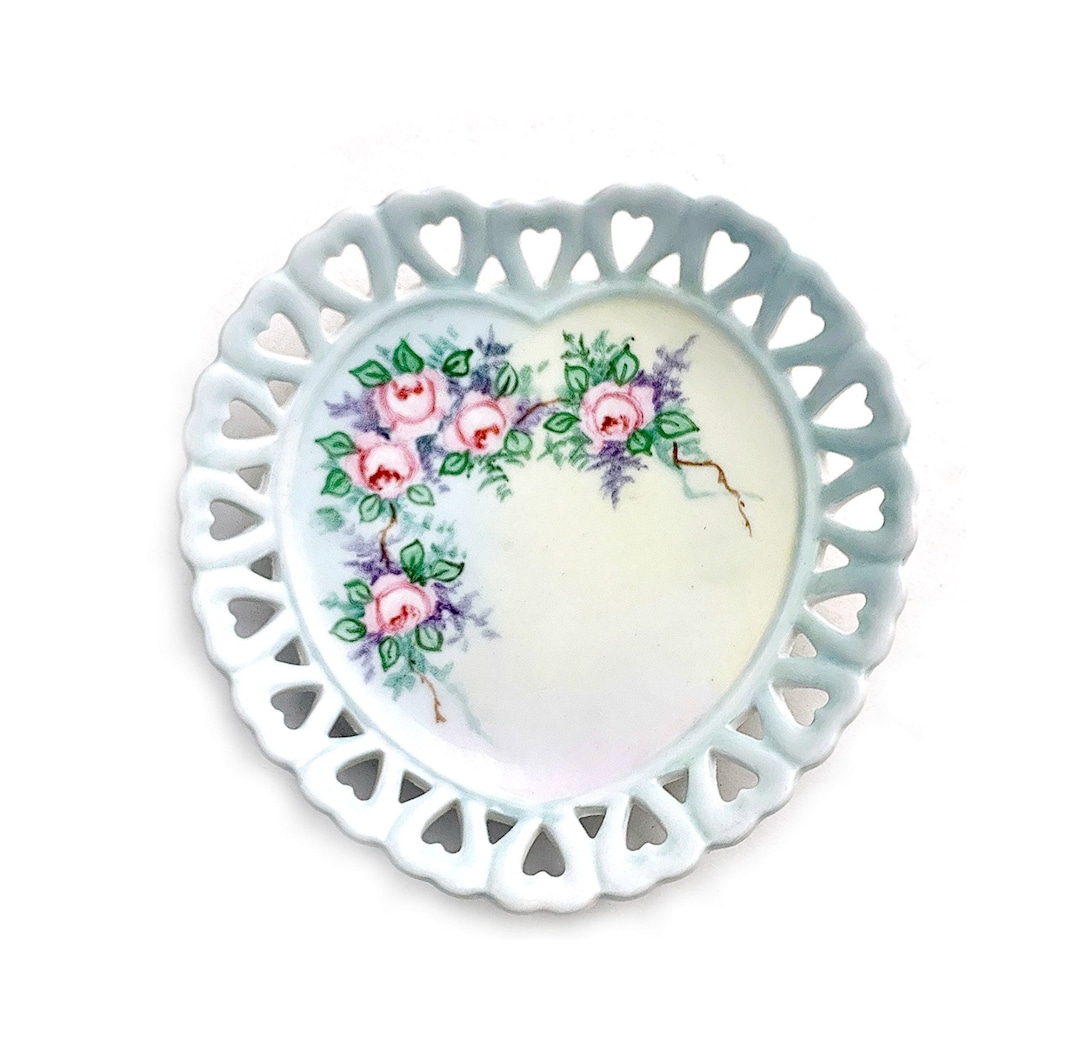 Hand Painted Rose Heart Dish, Pierced Rose Heart Shaped Dish, Signed ...