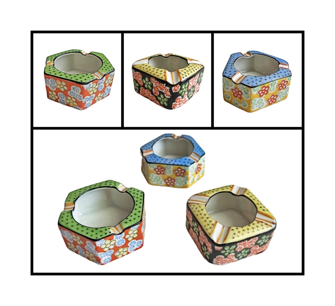 3pc Trico Japan Nagoya Ashtray Set, Geometric Shaped, Hand Painted ...